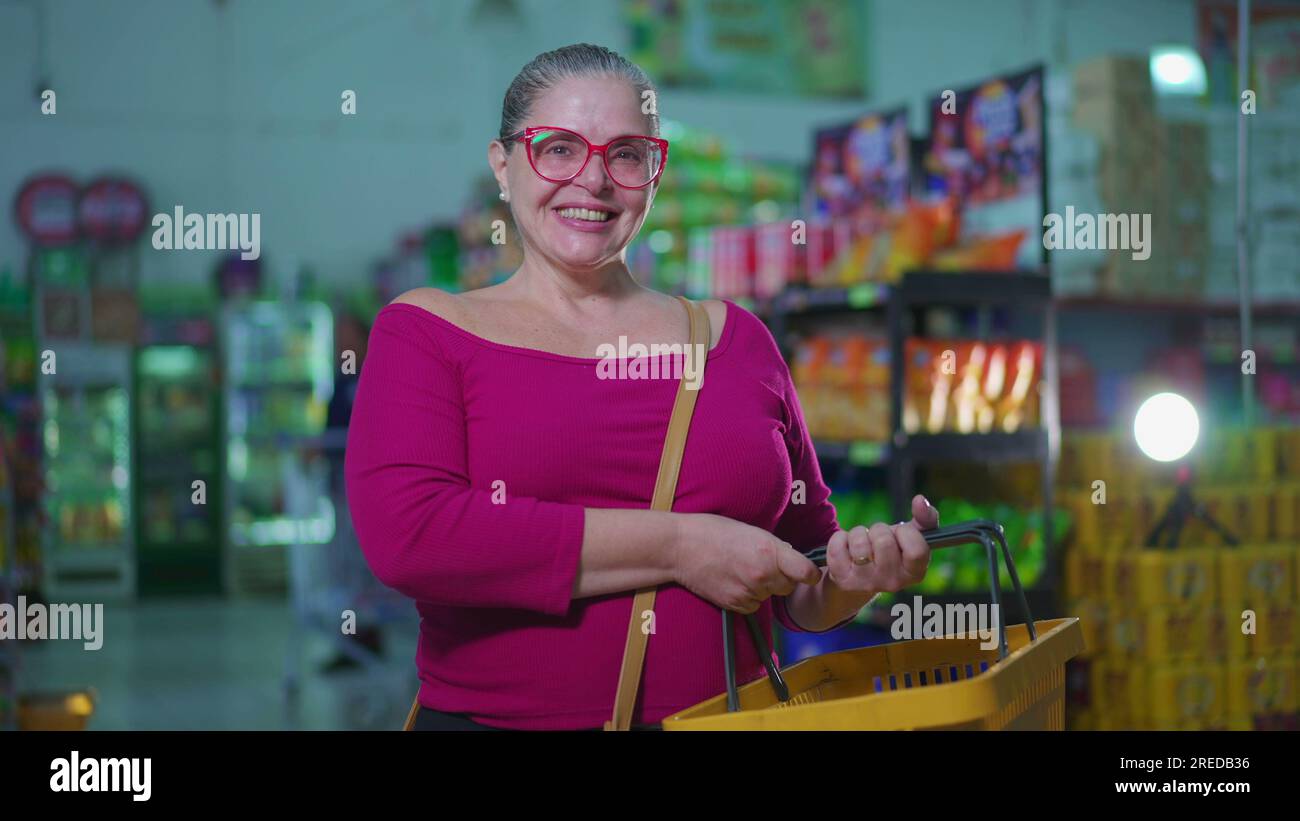 Smiling Female Consumer at Grocery Store, Joyful Shopping Experience ...