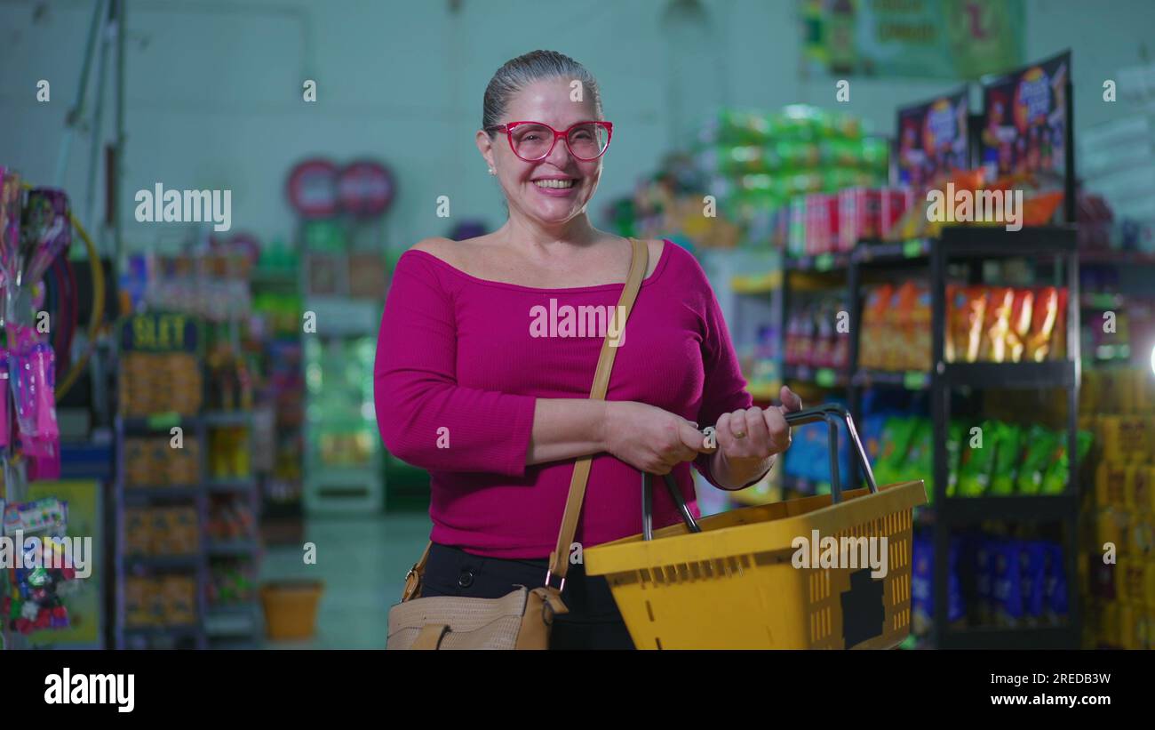 Smiling Female Consumer at Grocery Store, Joyful Shopping Experience ...