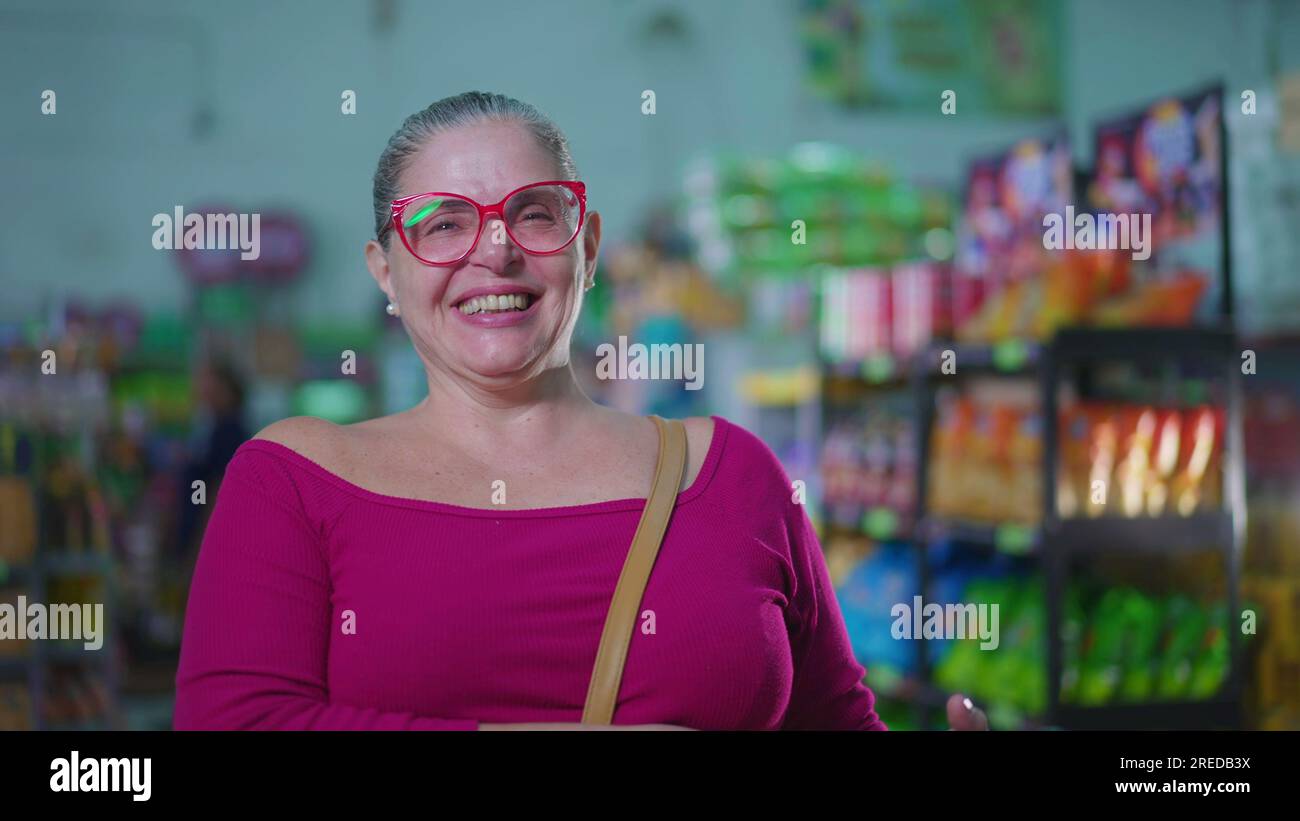 Smiling Female Consumer at Grocery Store, Joyful Shopping Experience ...
