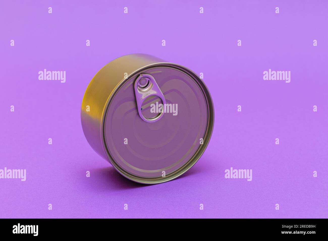 Unopened Tin Can with Blank Edge on Violet Background. Canned Food ...