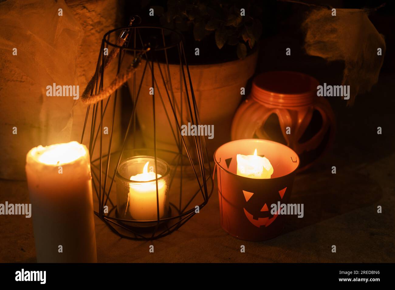 Halloween porch and entrance decor. Spooky Jack o lantern, spiders ...
