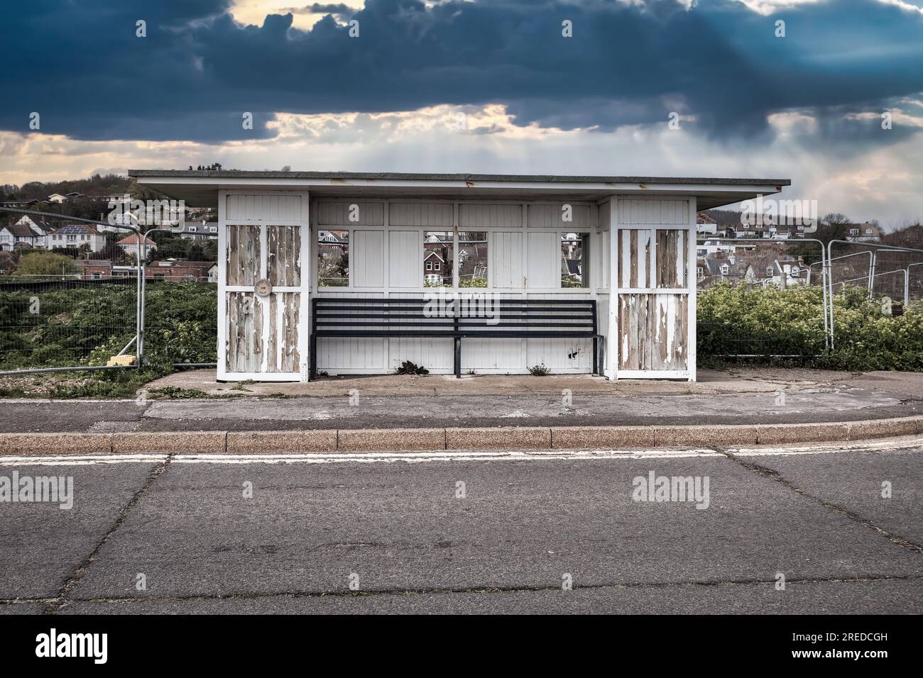 Vintage Tram Shelter on Princes Parade, with dark moody storm clouds ...
