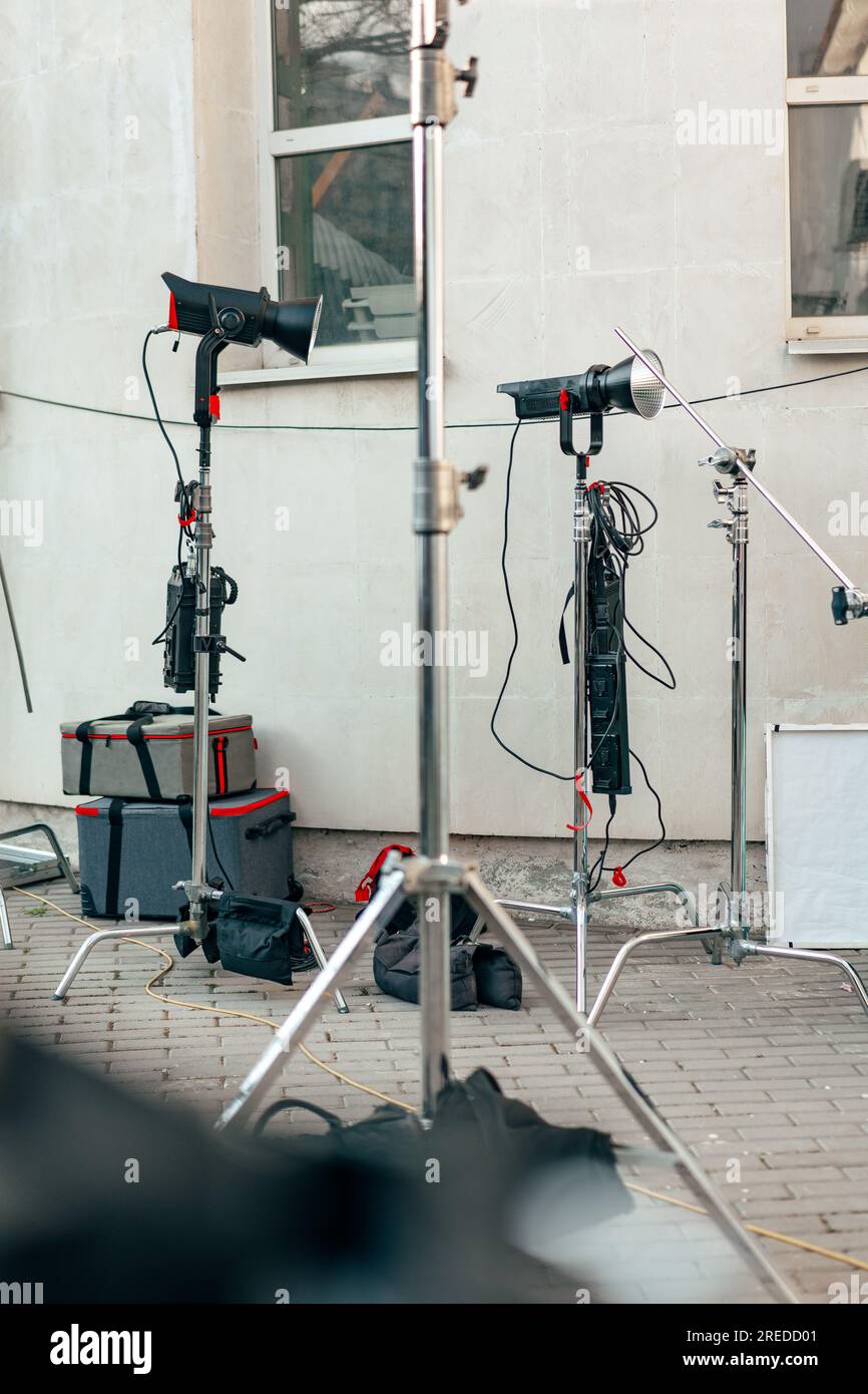 Professional shooting equipment on film set close up Stock Photo - Alamy