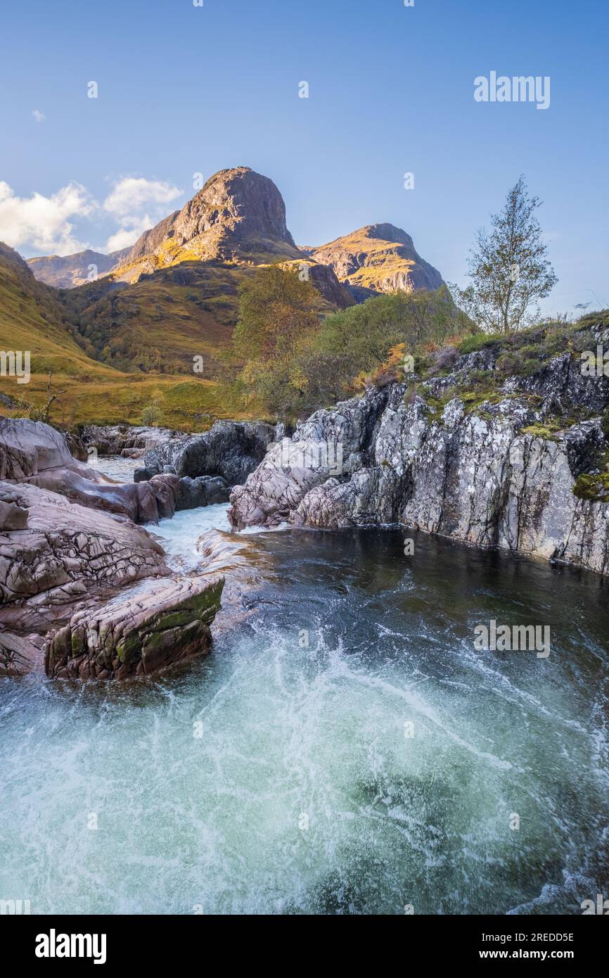 River Coe through Glen Coe below Bidean nam Bian and the entrance to ...