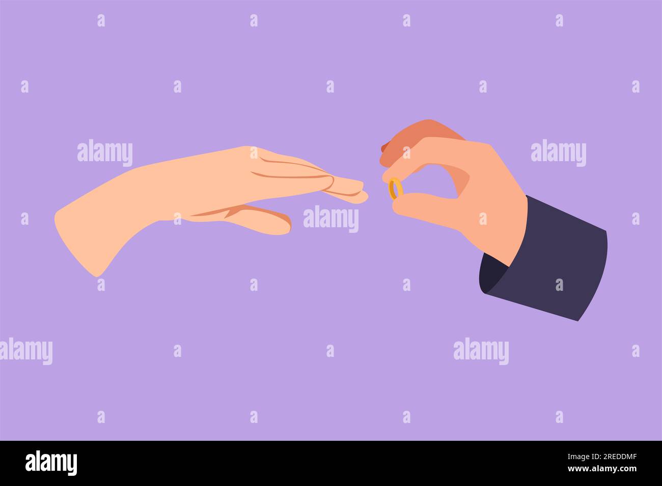 Graphic flat design drawing groom puts ring on finger of bride. Bride ...