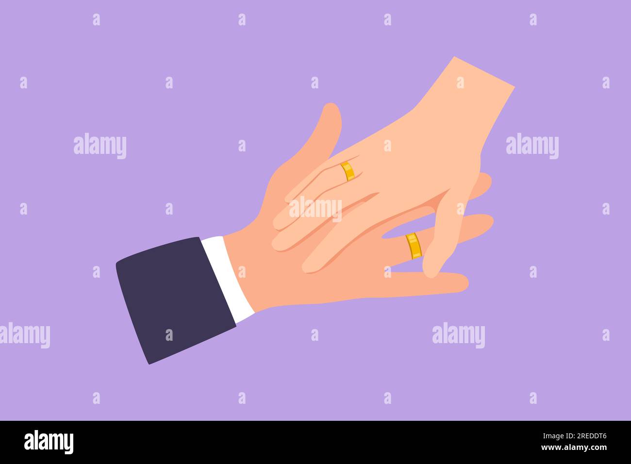 Graphic flat design drawing hand of groom and bride with wedding rings ...