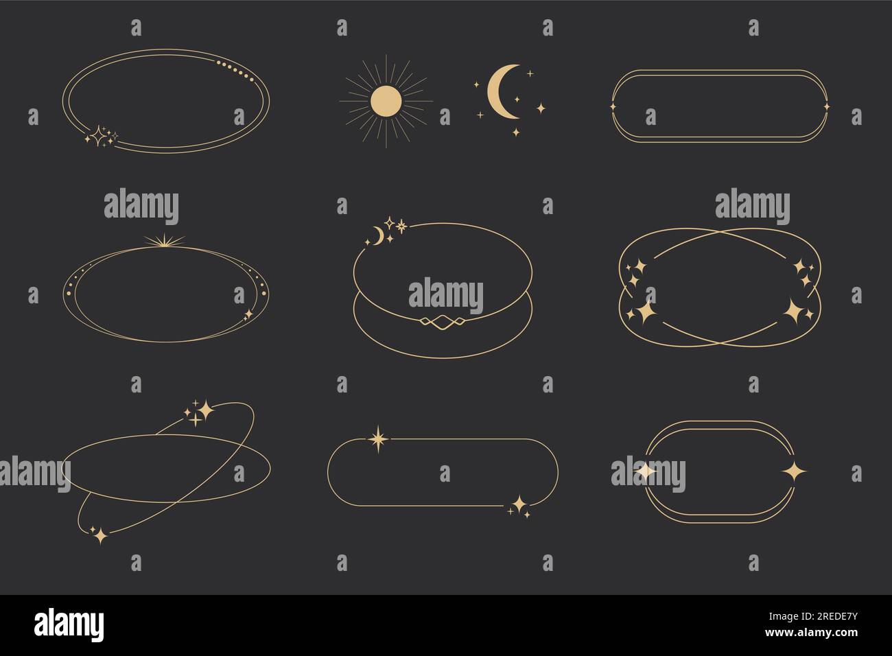 Set golden celestial frames, borders, arch line art esoteric minimal decoration with sparkles ...