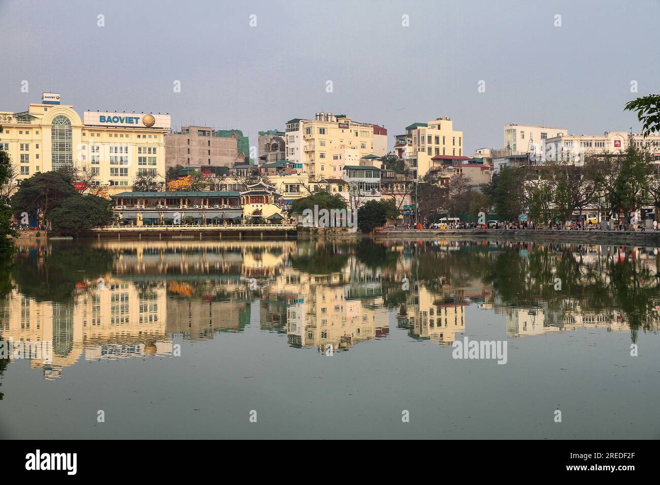 Hoan Kiem lake, Ho Guom, Sword lake with Hanoi cityscape. Hoan Kiem is ...