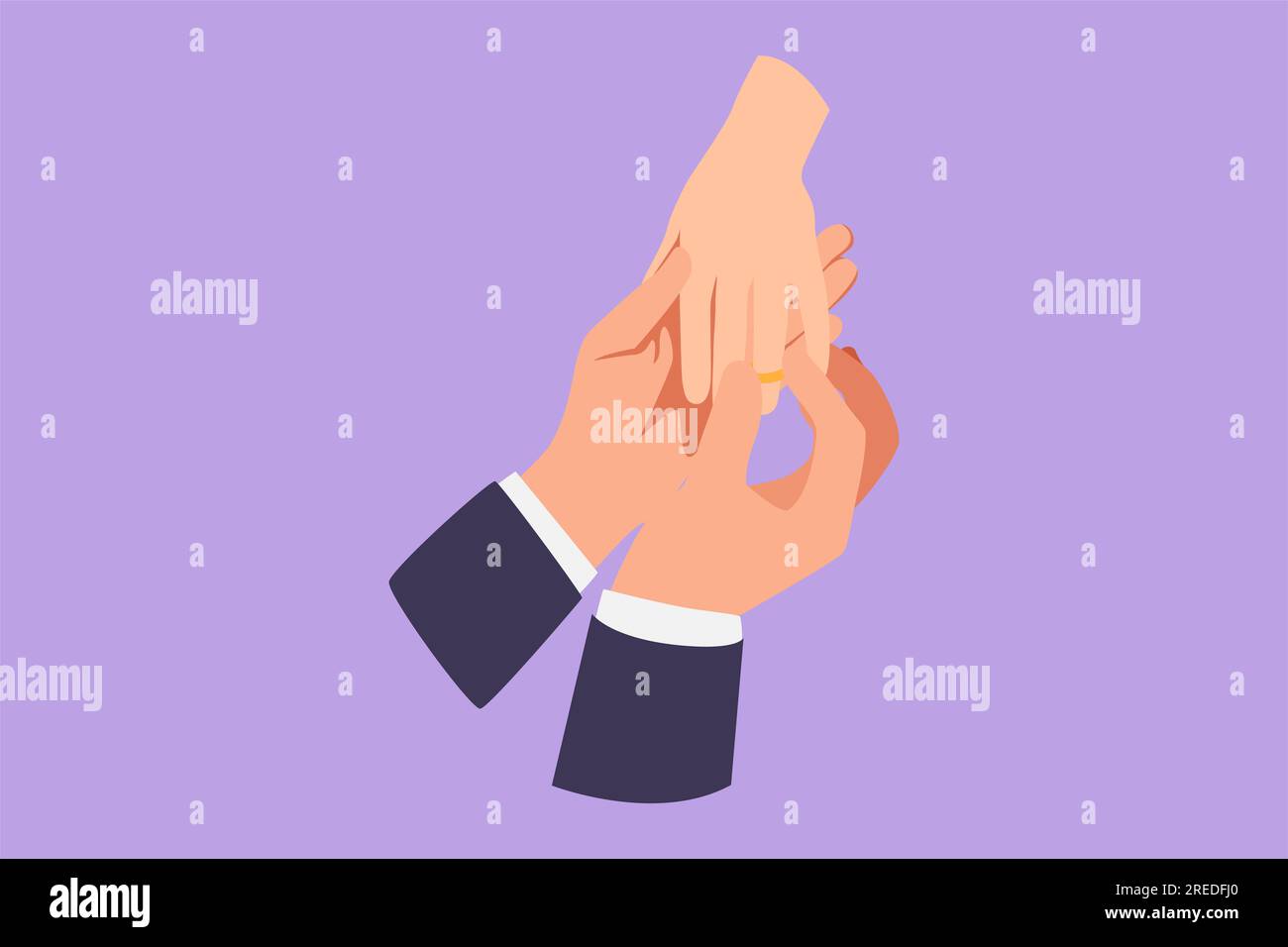 Cartoon flat style drawing of romantic man with woman hand ring. Bride ...