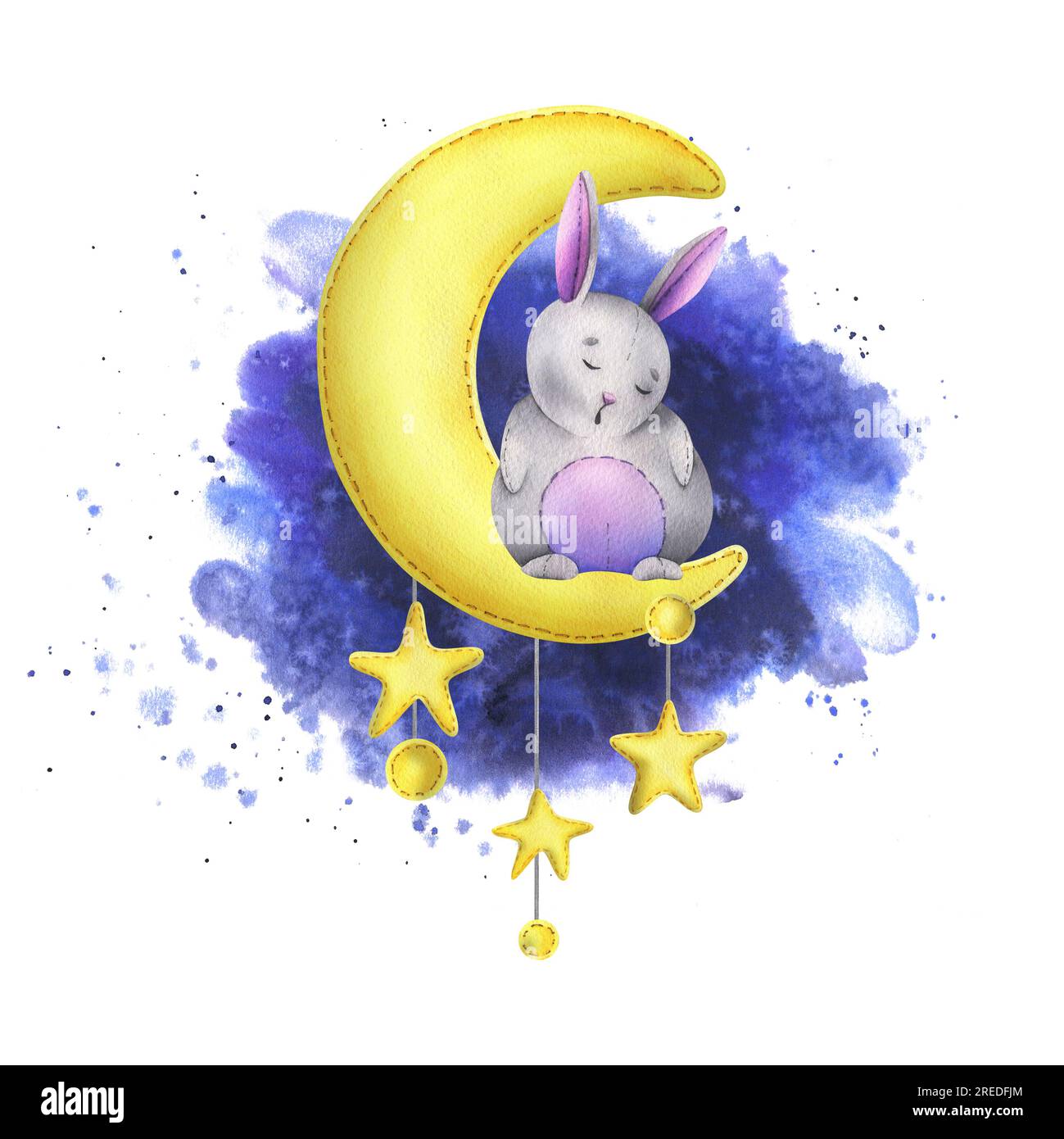 A cute gray stitched bunny sits and sleeps on a yellow moon with ...