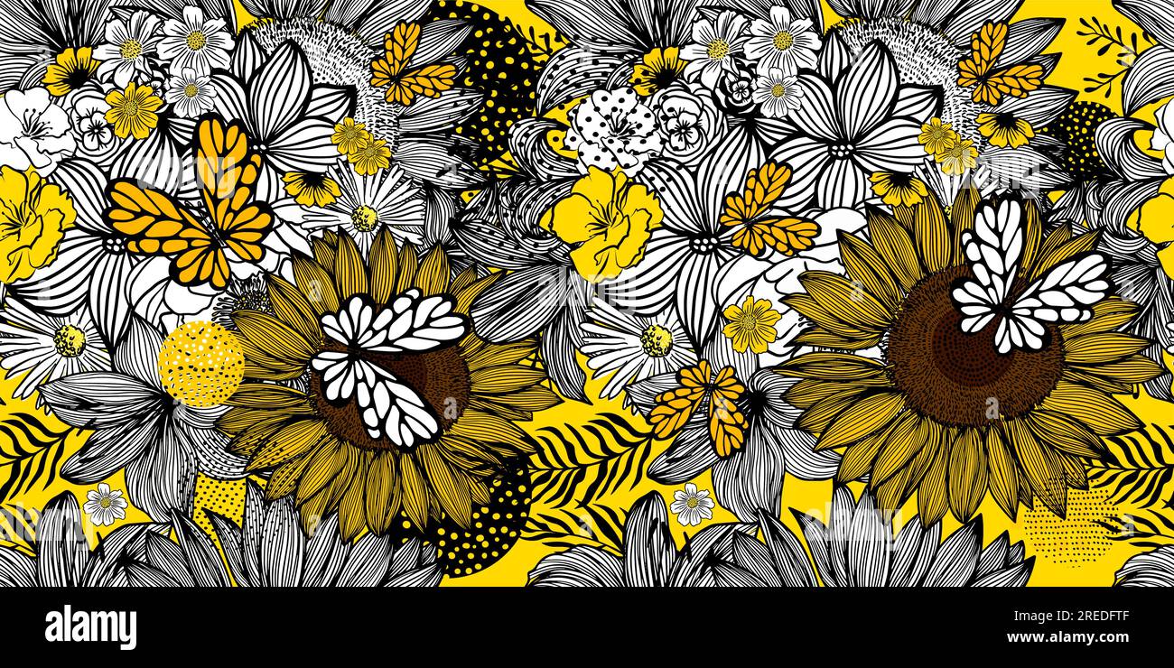 Seamless pattern graphic sunflowers and butterflies. Vector ...