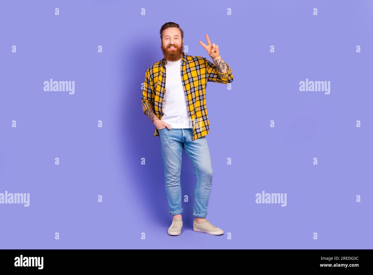 Full length photo of cheerful man programmer wear stylish plaid clothes ...