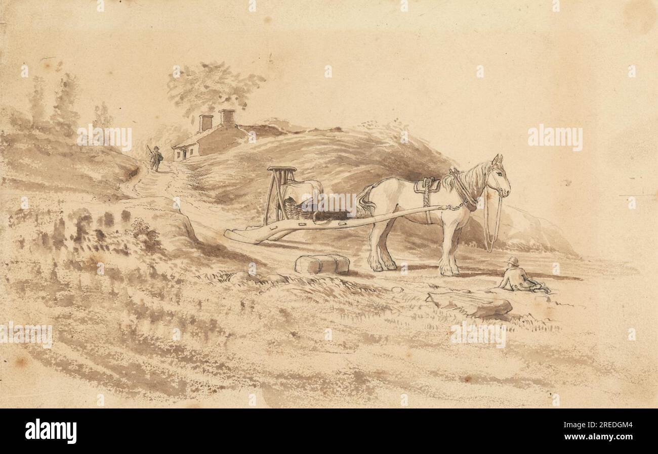 A Horse pulling a Drag by Cornelius Varley Stock Photo - Alamy
