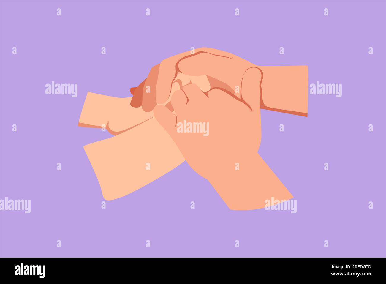 Graphic flat design drawing of two hands holding each other. Sign or ...