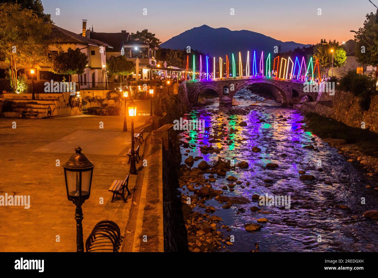 PRIZREN, KOSOVO - AUGUST 11, 2019: Evening view of the Stone bridge in ...