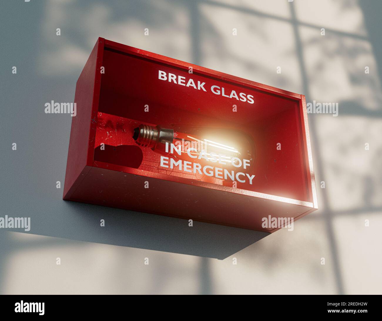 A red in case of emergency box with breakable glass with an illuminated ...