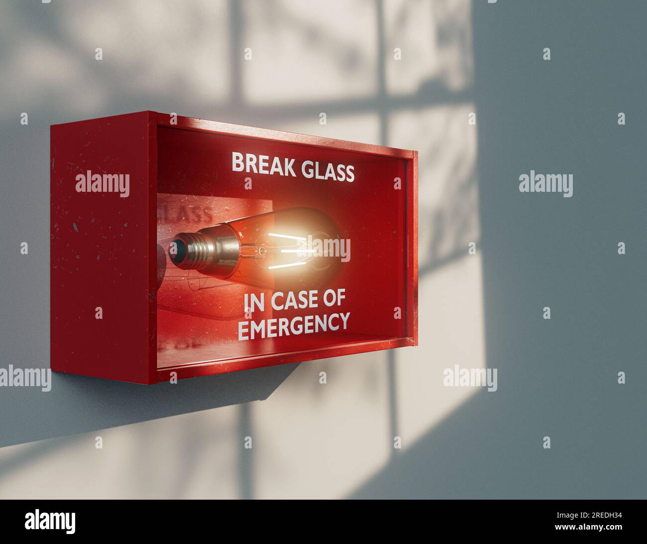 A red in case of emergency box with breakable glass with an illuminated ...