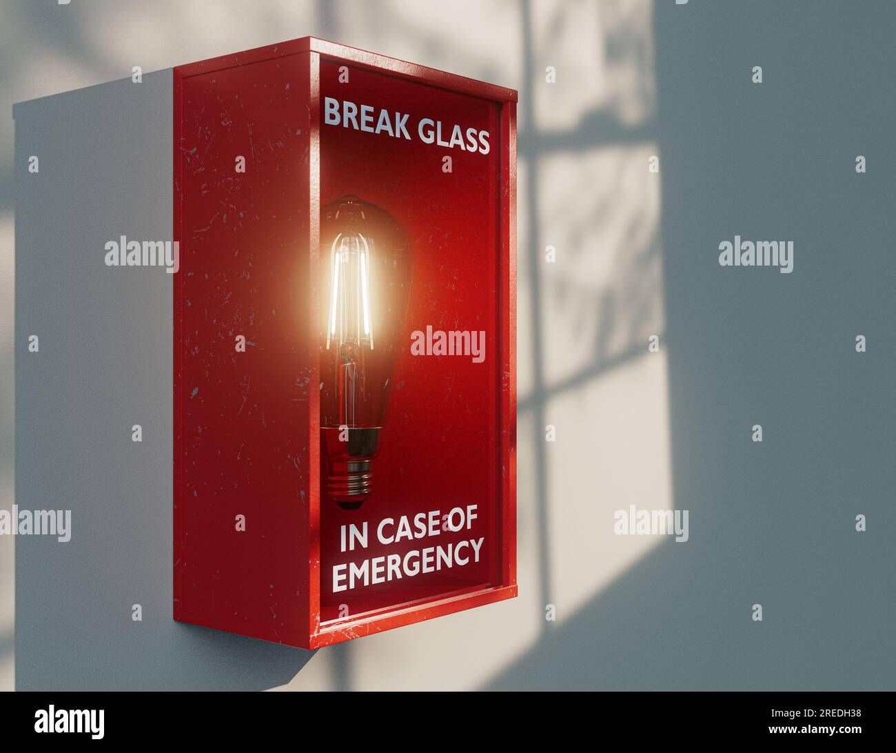 A red in case of emergency box with breakable glass with an illuminated ...