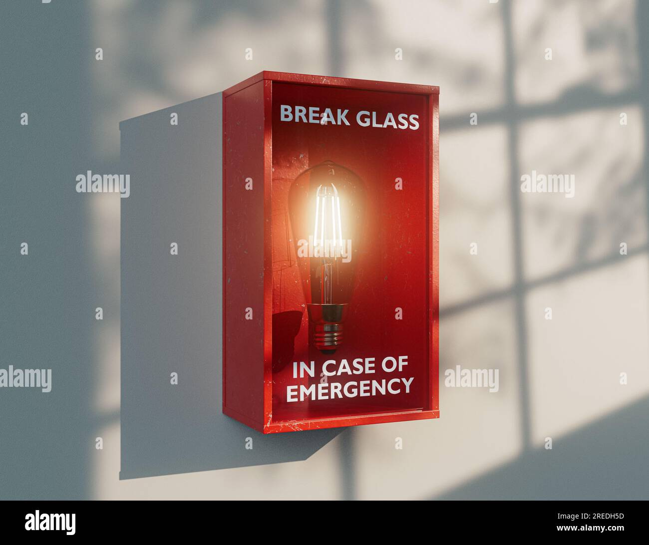 A red in case of emergency box with breakable glass with an illuminated ...
