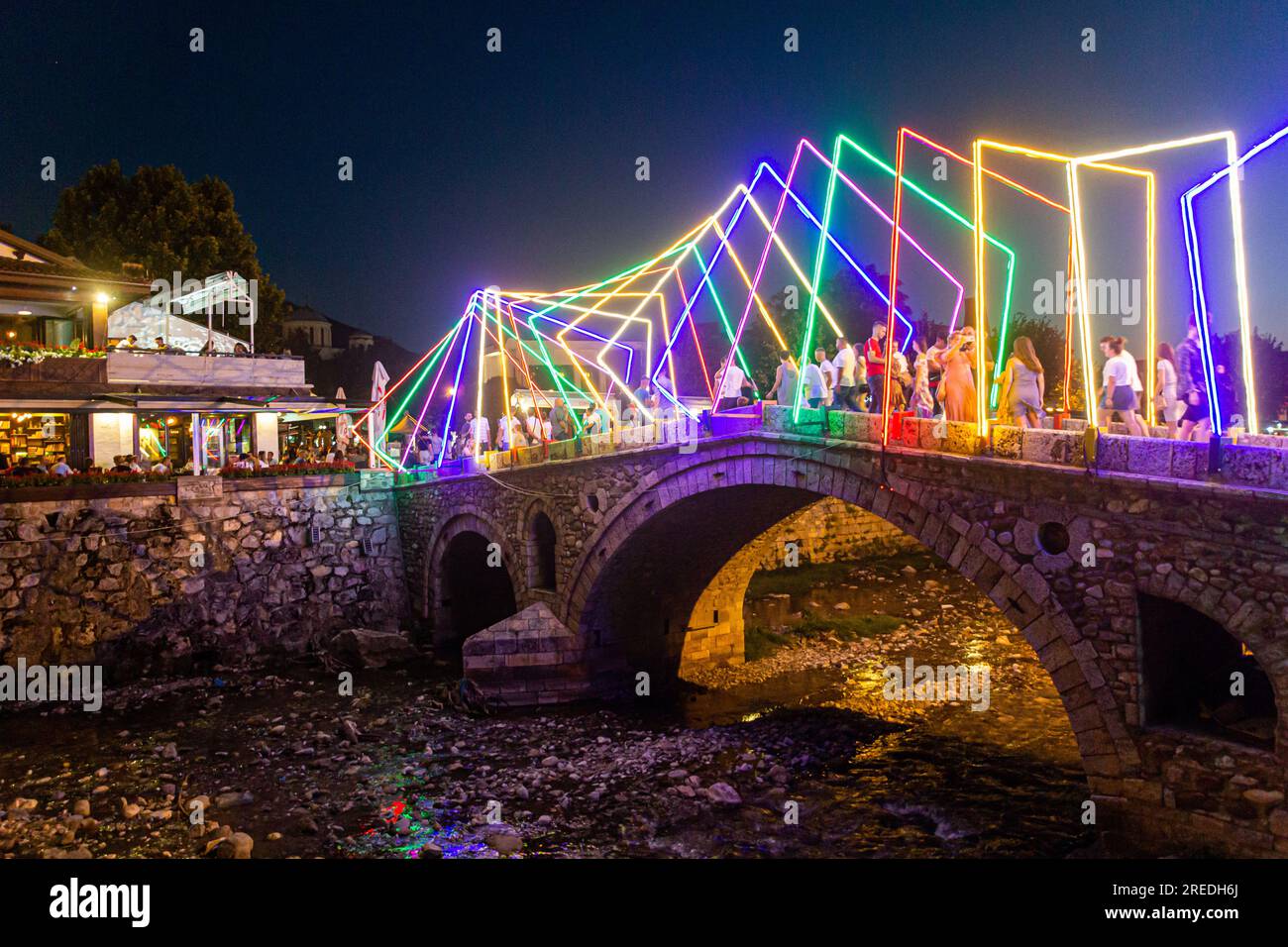 PRIZREN, KOSOVO - AUGUST 11, 2019: Evening view of the Stone bridge in ...