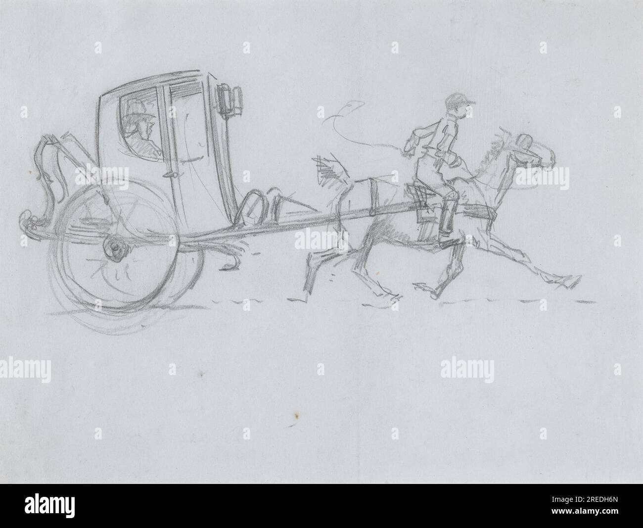 A Man in an enclosed Carriage being pulled by a Horse with a Rider by ...