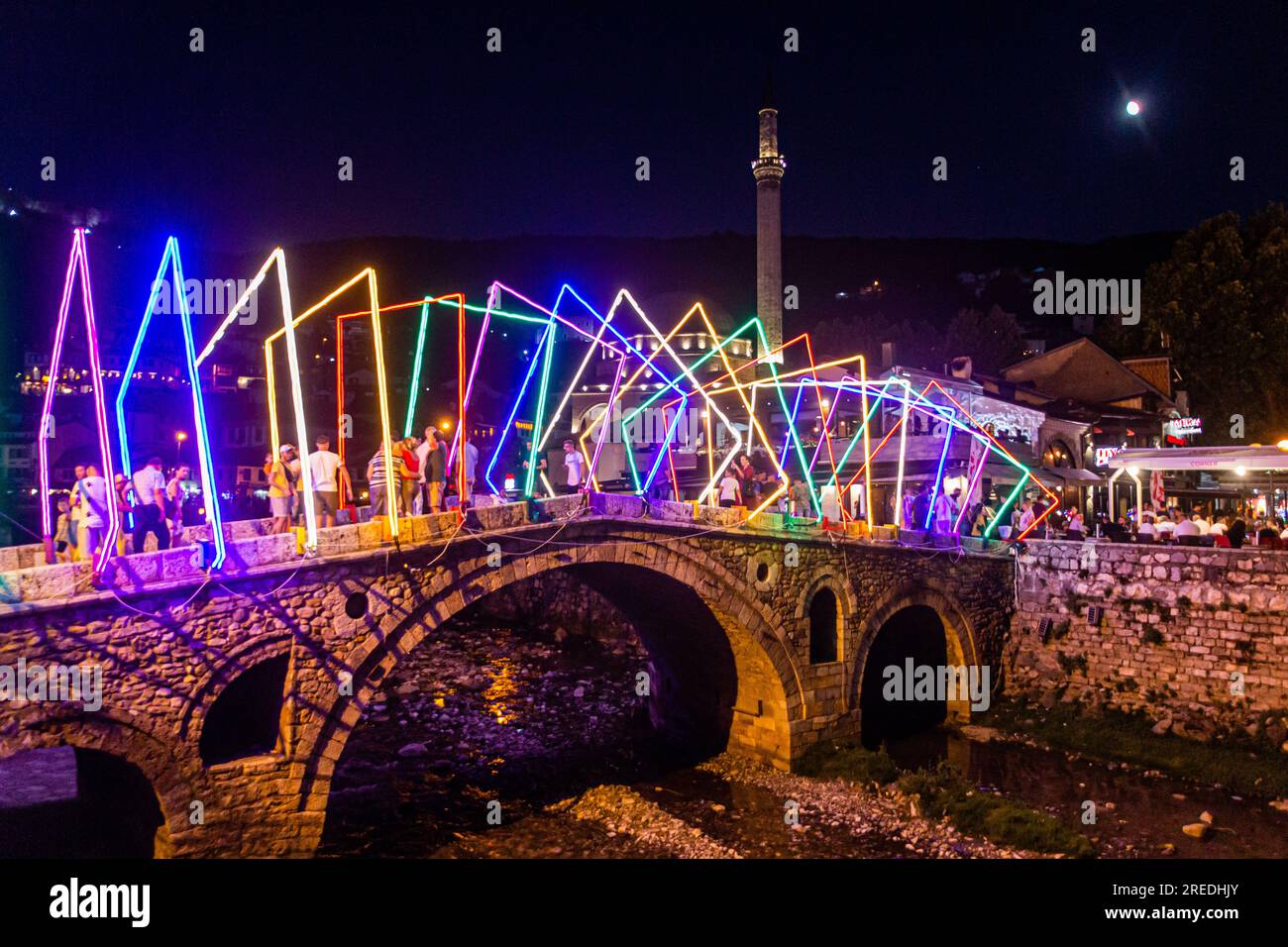 PRIZREN, KOSOVO - AUGUST 11, 2019: Evening view of the Stone bridge in ...