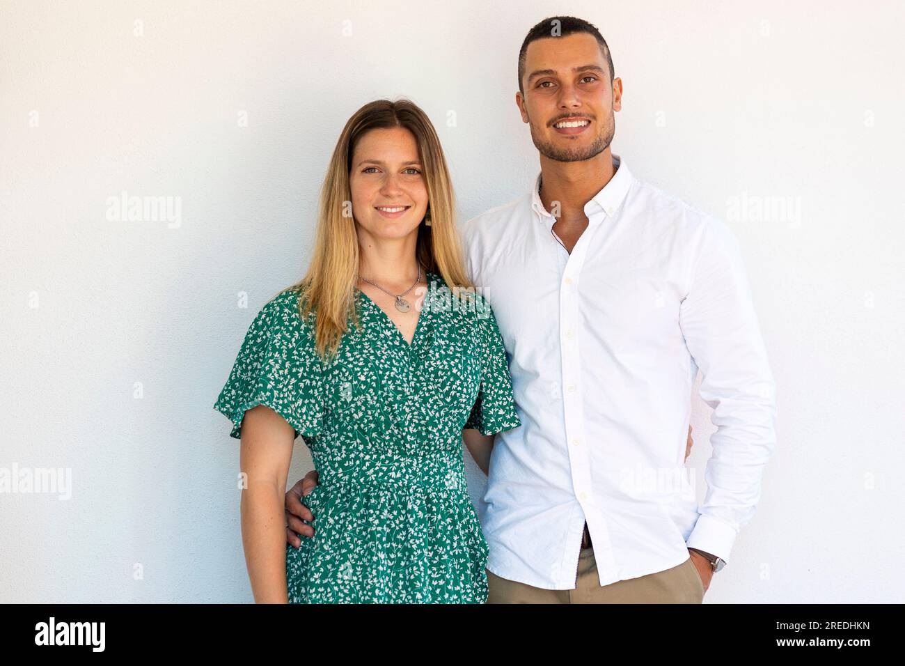 Close view of a happy european couple over a white background Stock ...