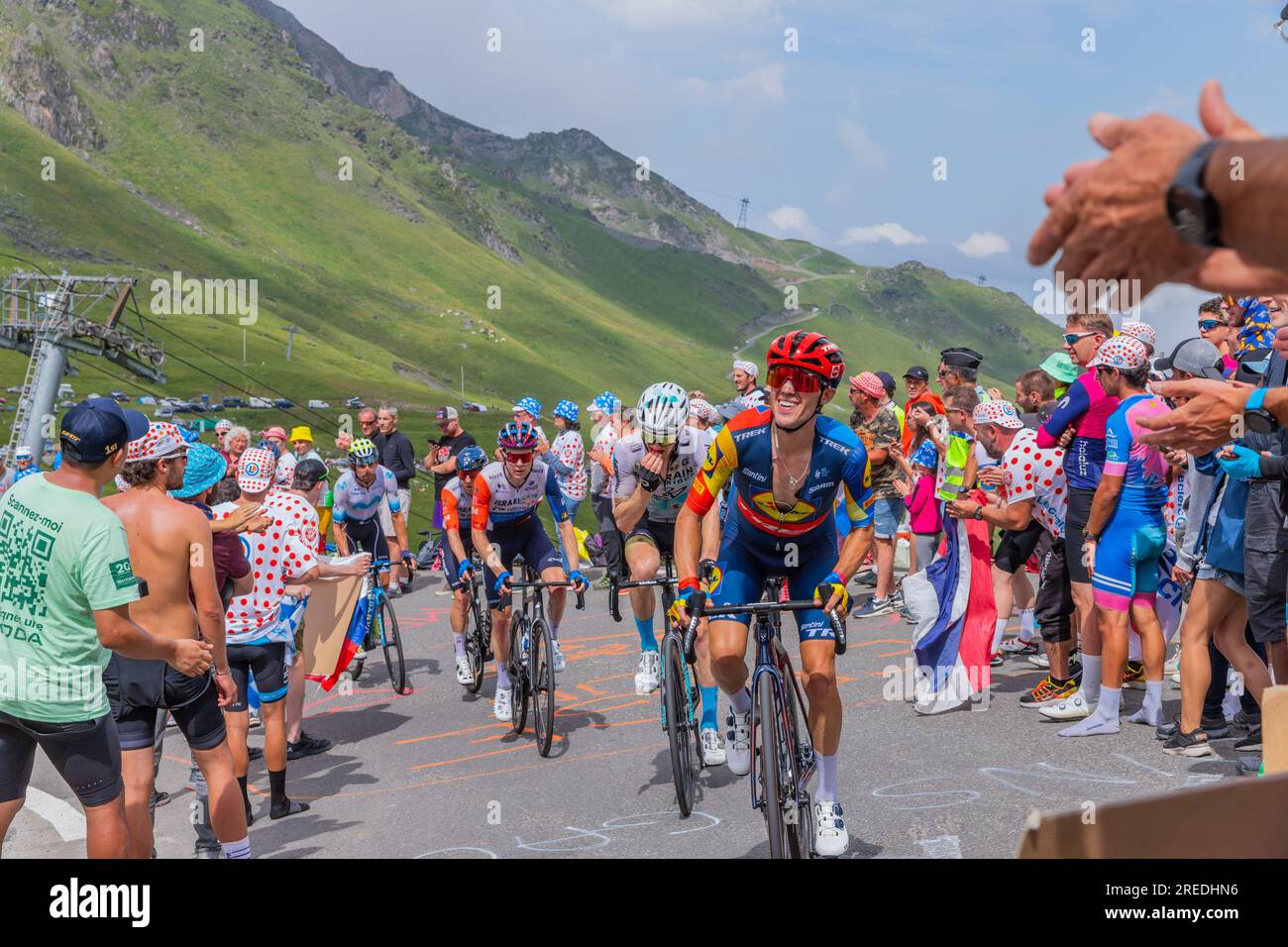 Col du Tourmalet, France - July 06 2023: Riders climbig the road to Col ...