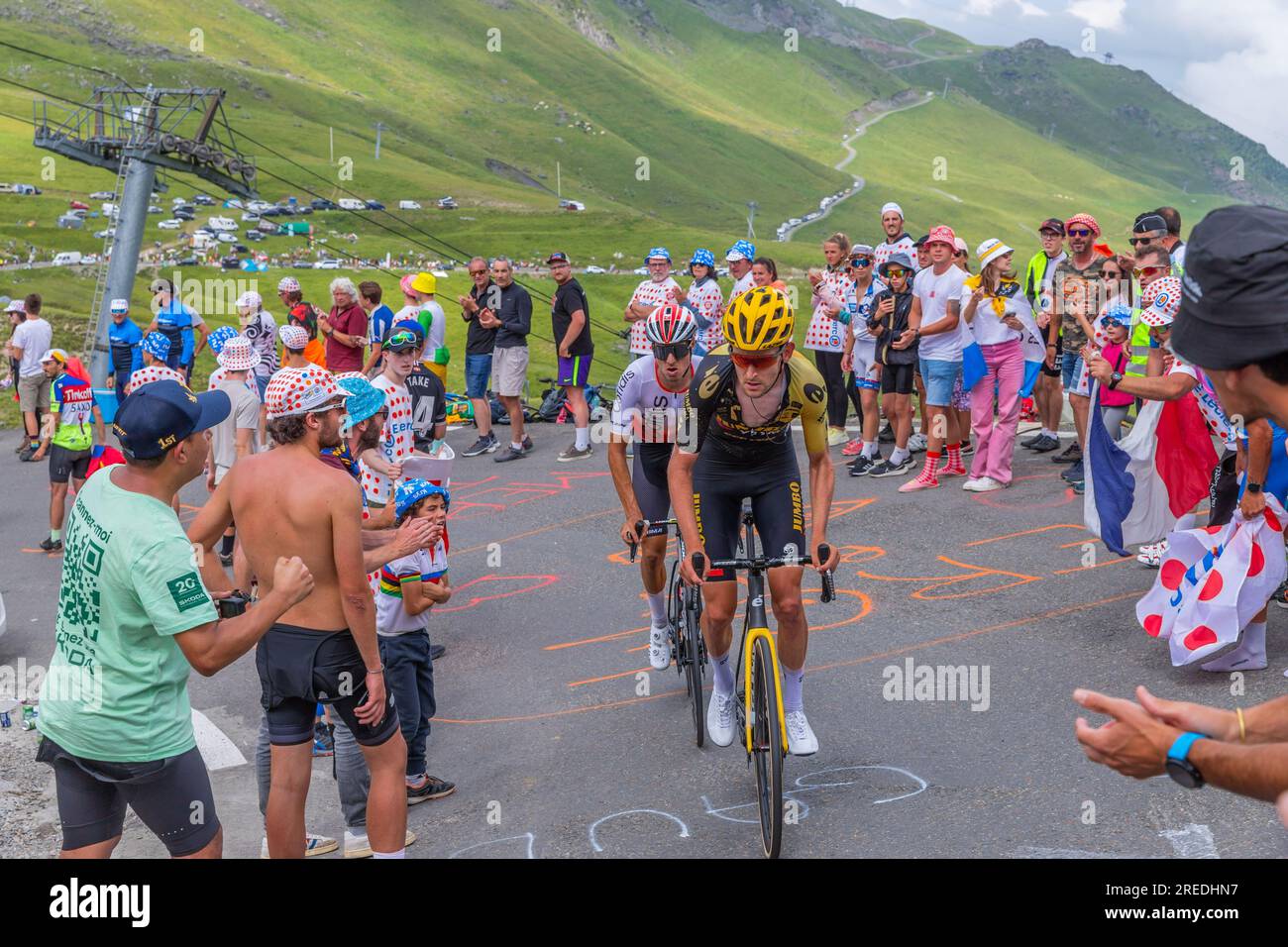 Col du Tourmalet, France - July 06 2023: Tiesj Benoot climbig the road ...