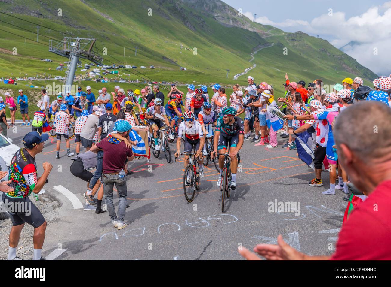 Col du Tourmalet, France - July 06 2023: Riders climbig the road to Col ...