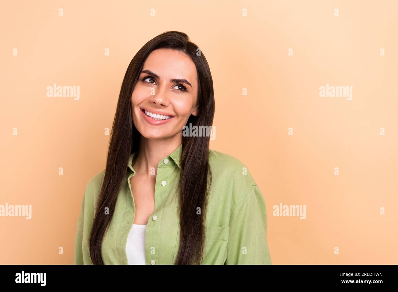 Portrait of positive minded person beaming smile look interested empty ...