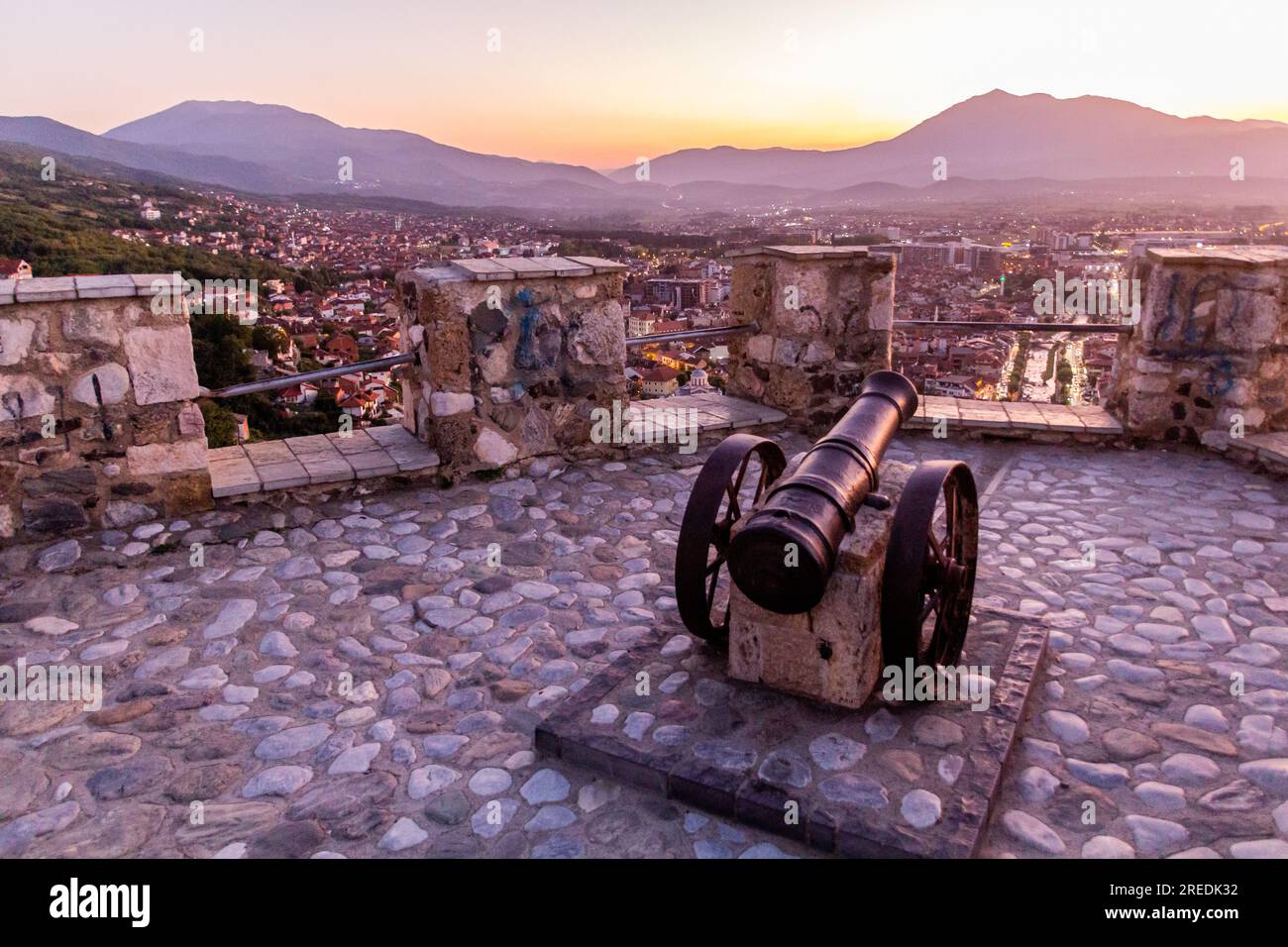 Evening view of a cannon at Kalaja fortress in Prizren, Kosovo Stock ...