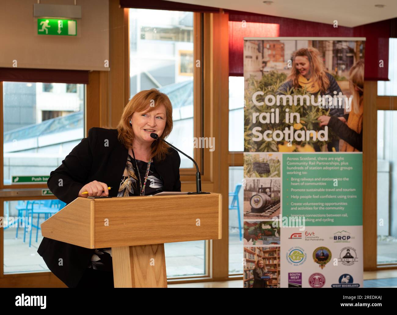 Emma Harper SNP MSP for South Scotland speaks from a podium at a reception at the Scottish ...