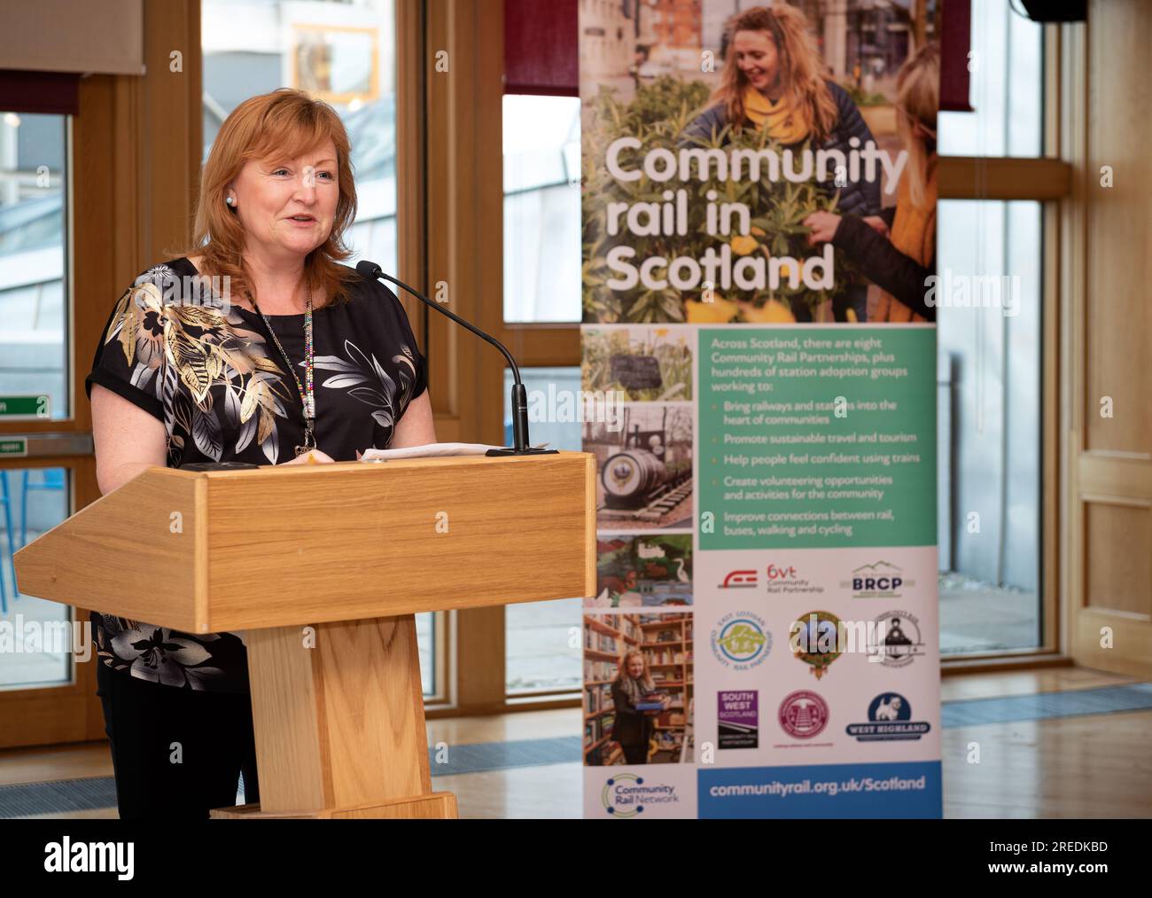 Emma Harper SNP MSP for South Scotland speaks from a podium at a ...