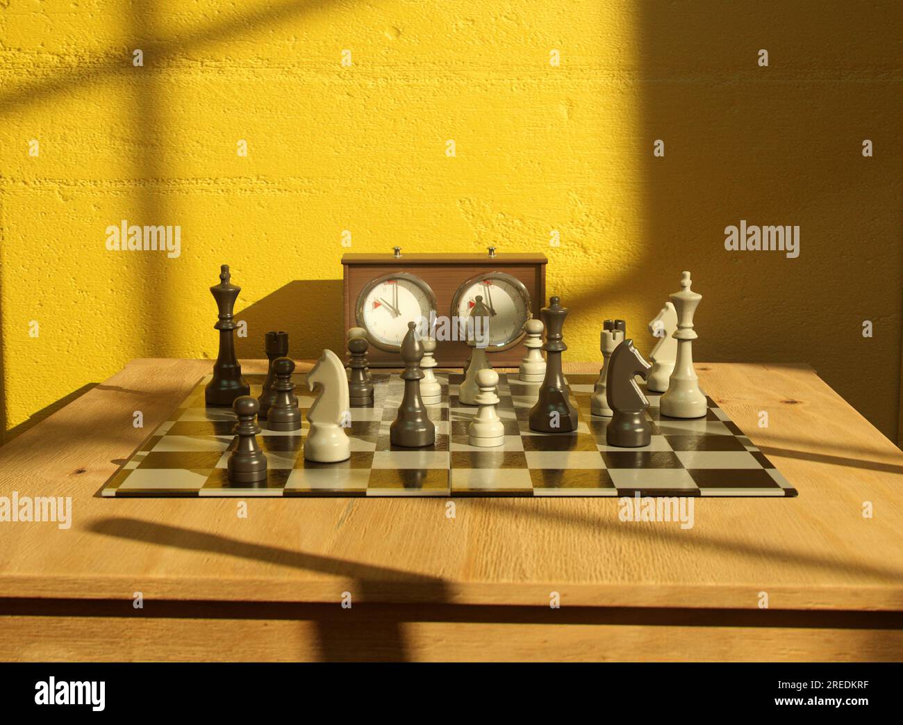A secluded chess game set up on a table in a yellow room lit by a ...