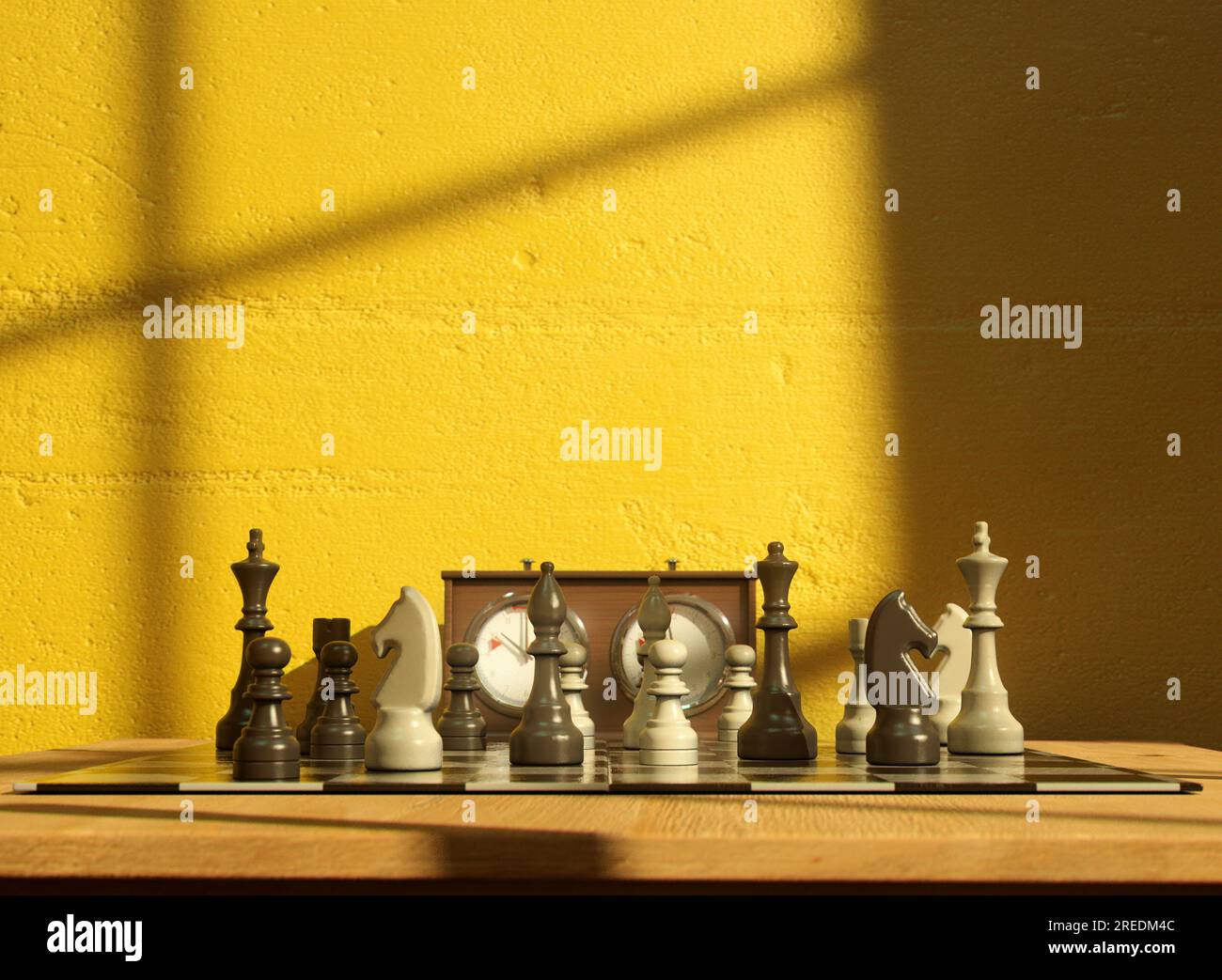 A secluded chess game set up on a table in a yellow room lit by a ...