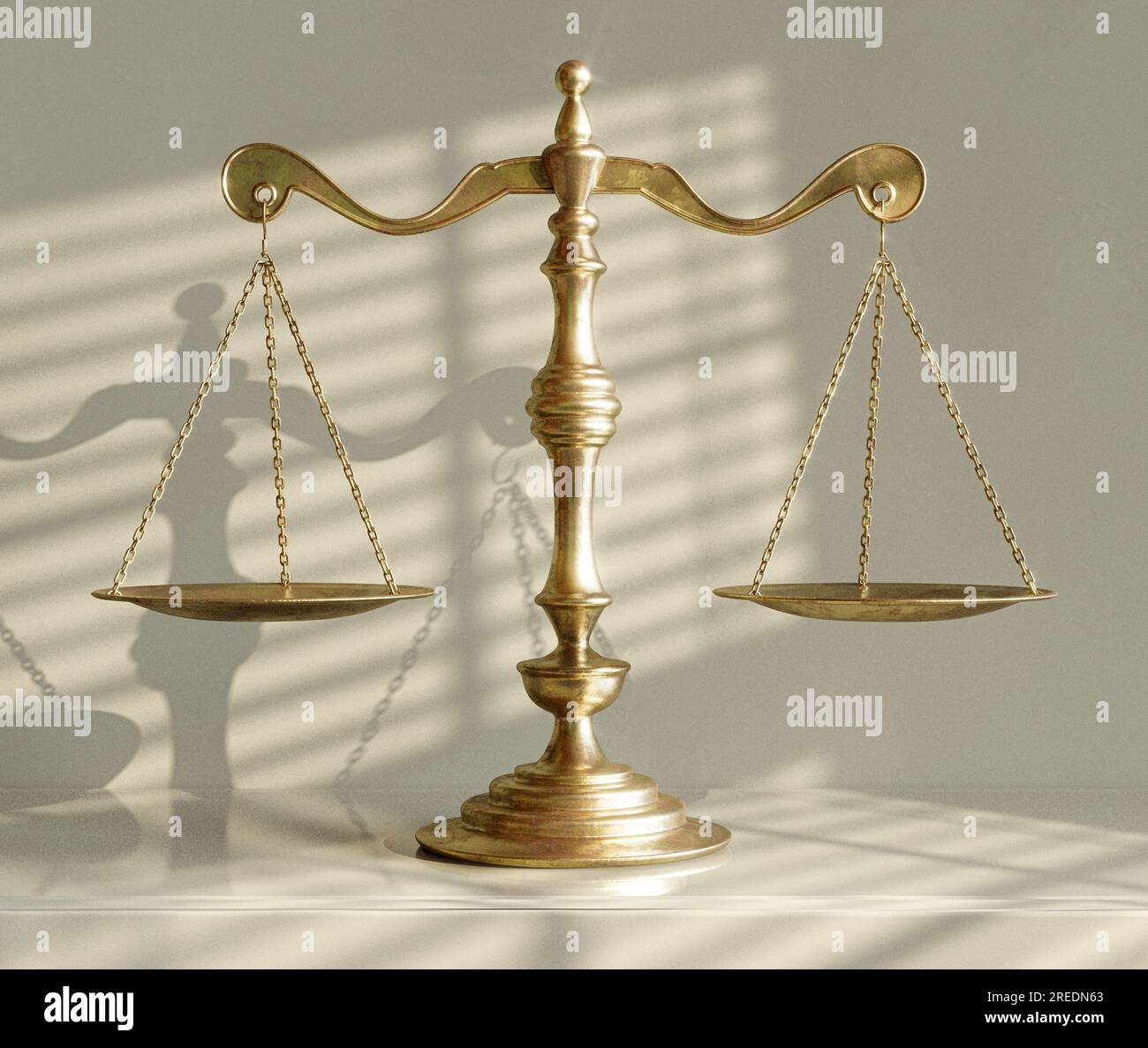 A gold justice balance scale on a shelf against a wall lit by morning ...