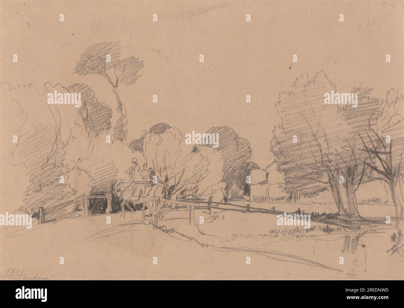 Willows by a Stream, Horse and Cart Crossing Bridge by James Duffield ...