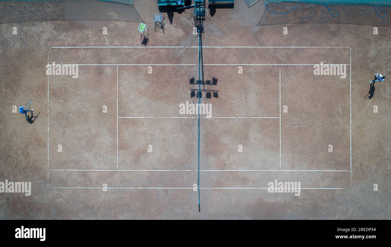 Aerial view of tennis game on court top view Stock Photo - Alamy