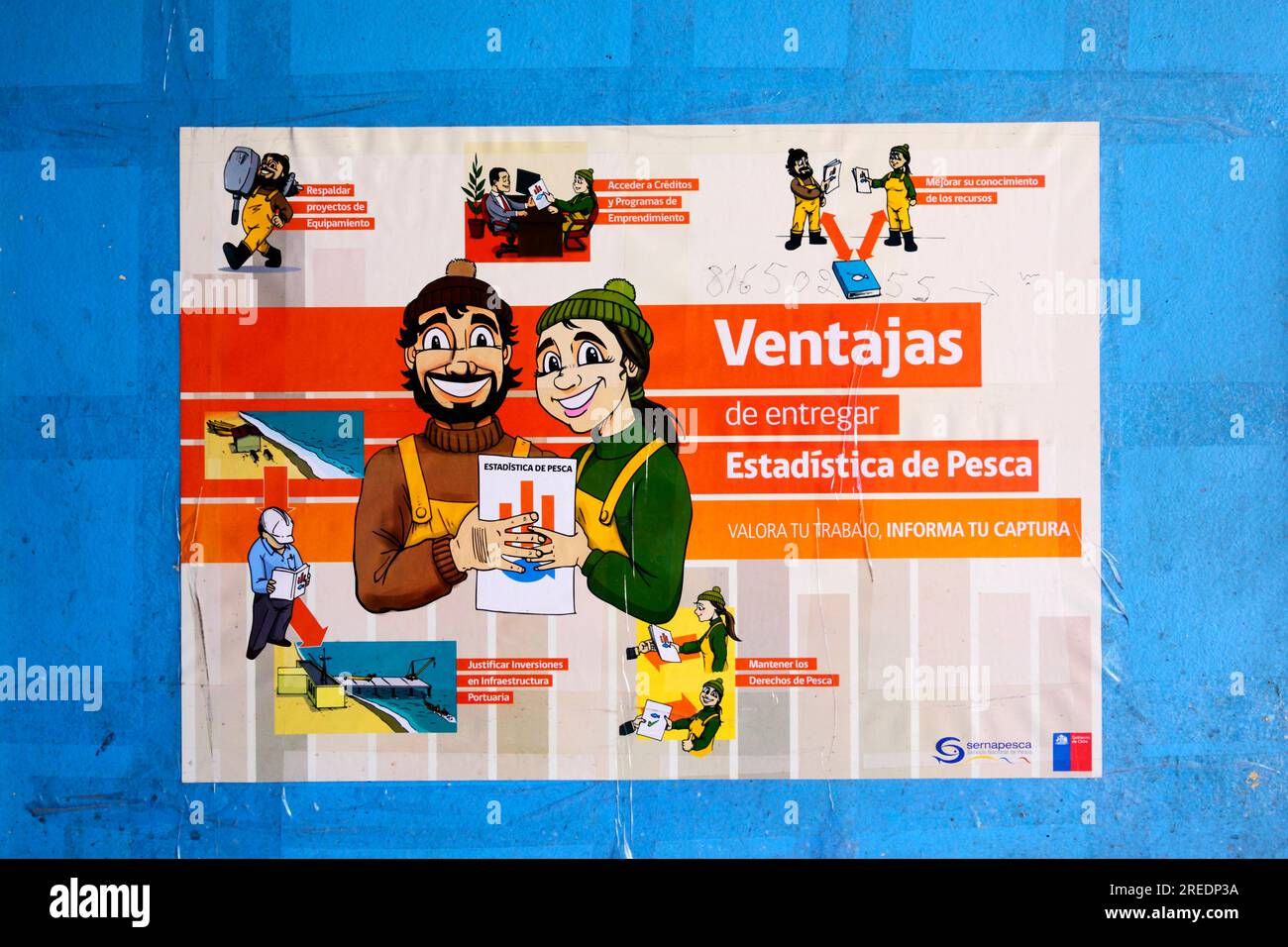 Sign encouraging fisherman to hand in catch statistics in fising port ...