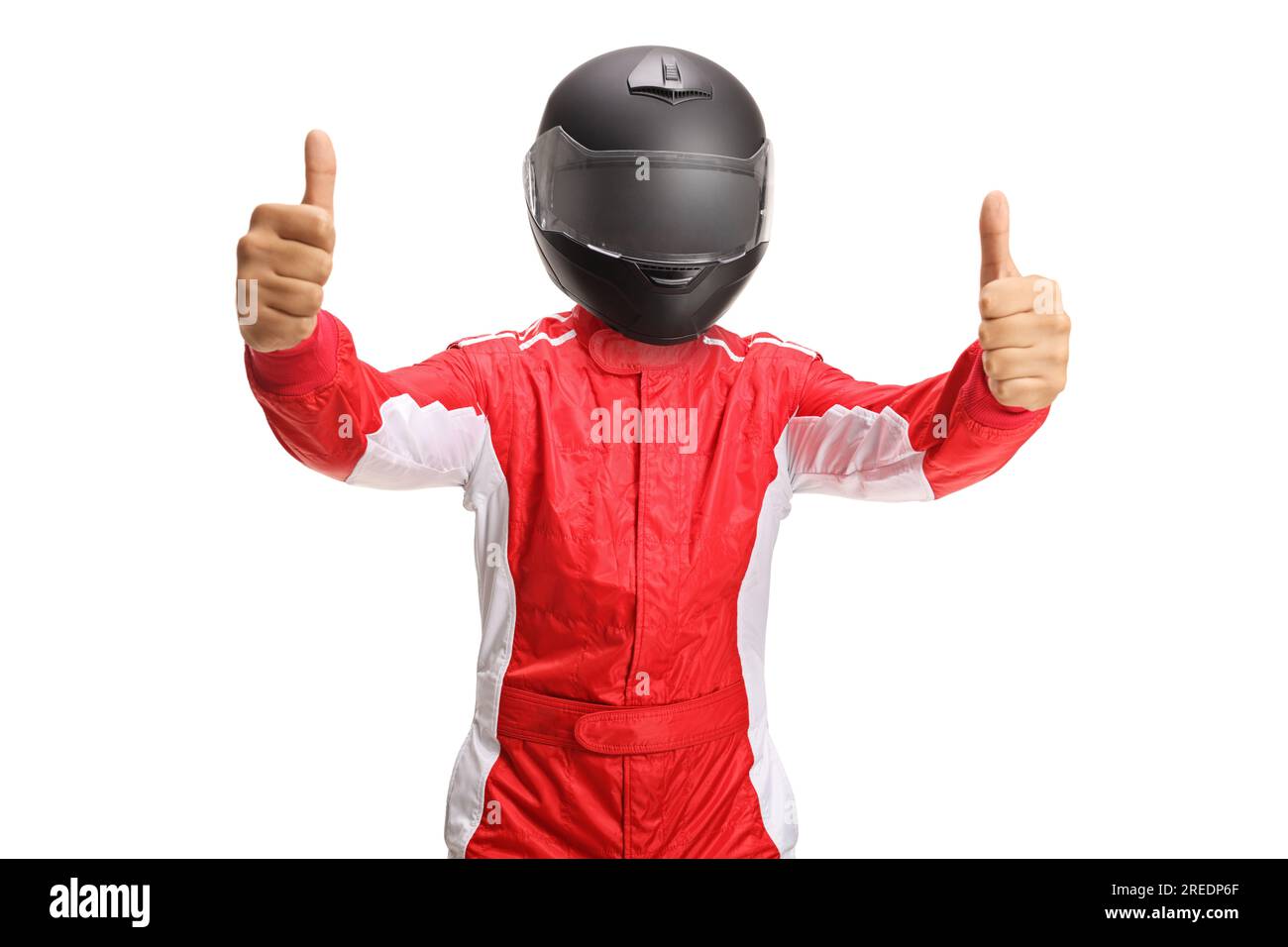 Happy male racer with a black helmet showing thumbs up isolated on ...