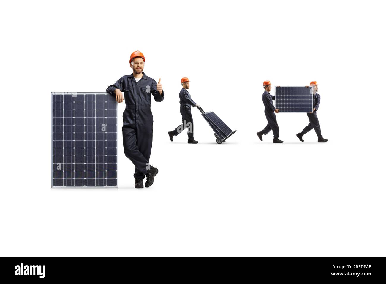 Workers in suits carrying solar panels with a hand truck isolated on ...