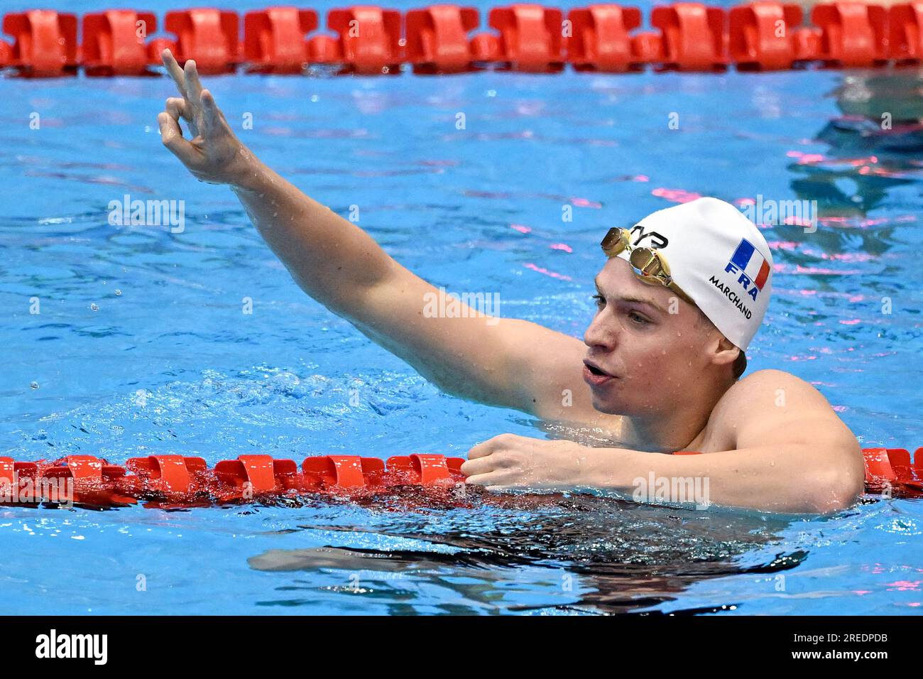Fukuoka, Japan. 27th July, 2023. Leon Marchand of France celebrates ...