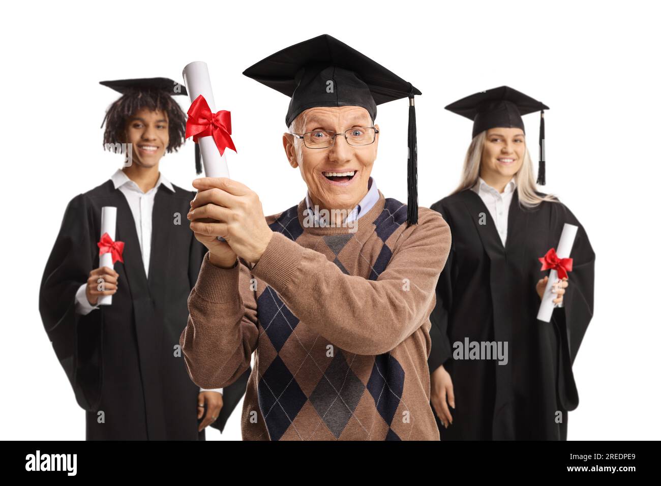 Graduate students and a senior man holding certificates and smiling ...