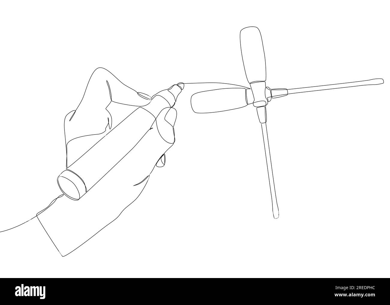 One continuous line of Screw Driver drawn with a pencil, felt tip pen ...