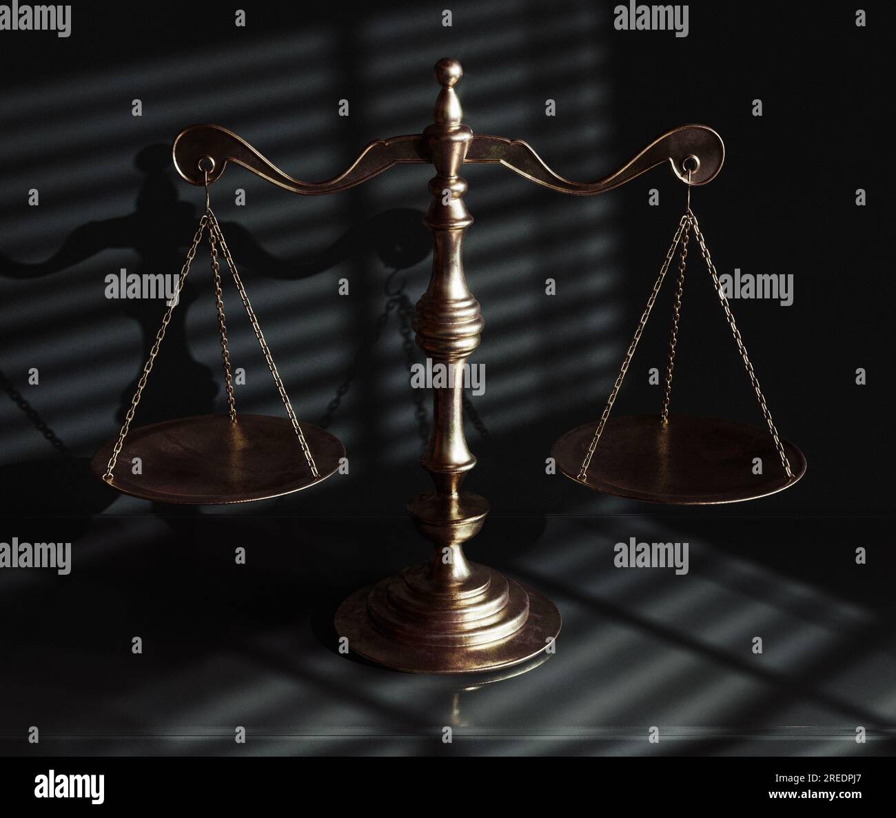 A gold justice balance scale on a shelf against a wall dimly lit by ...