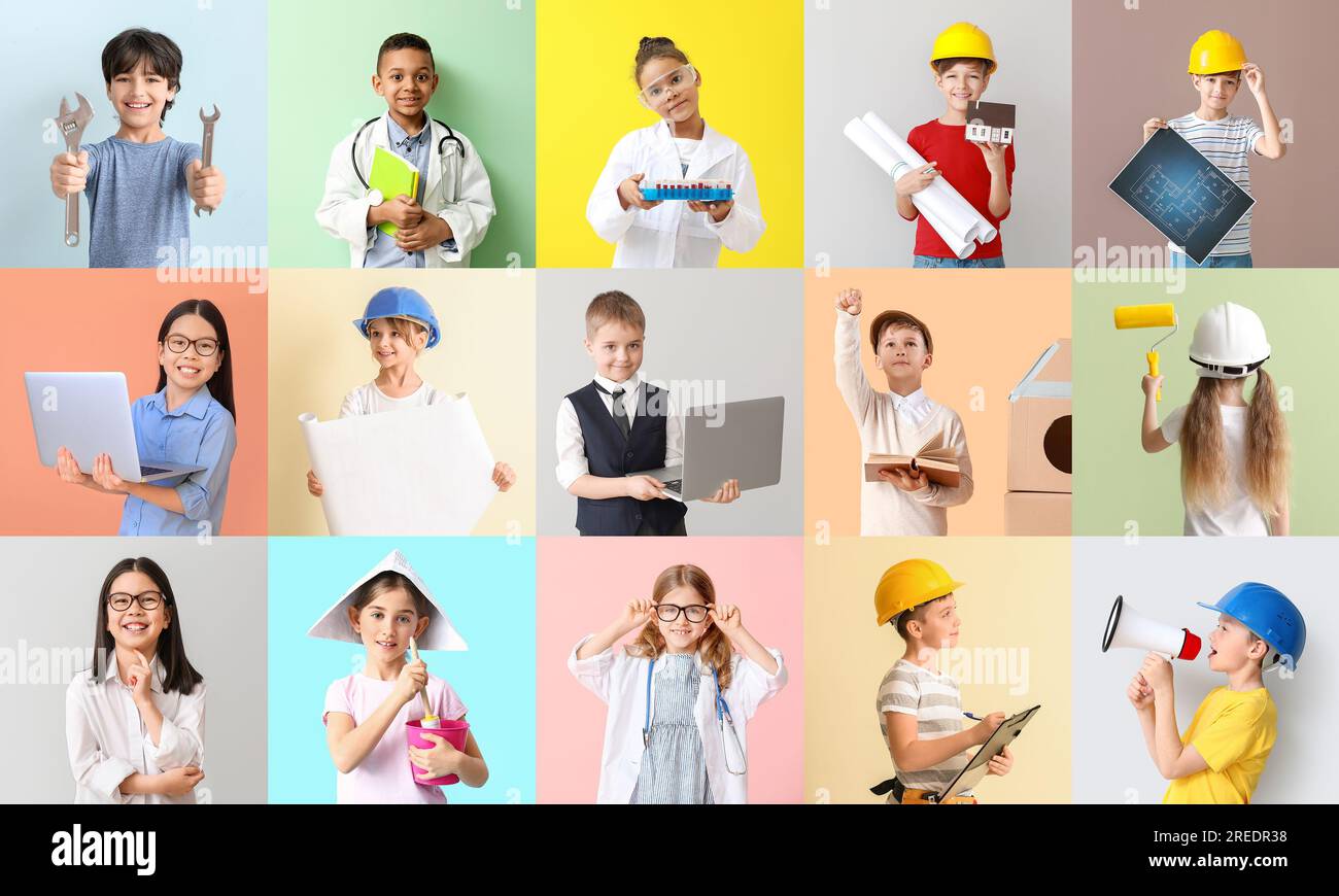 Set of different children dreaming about their future professions on ...