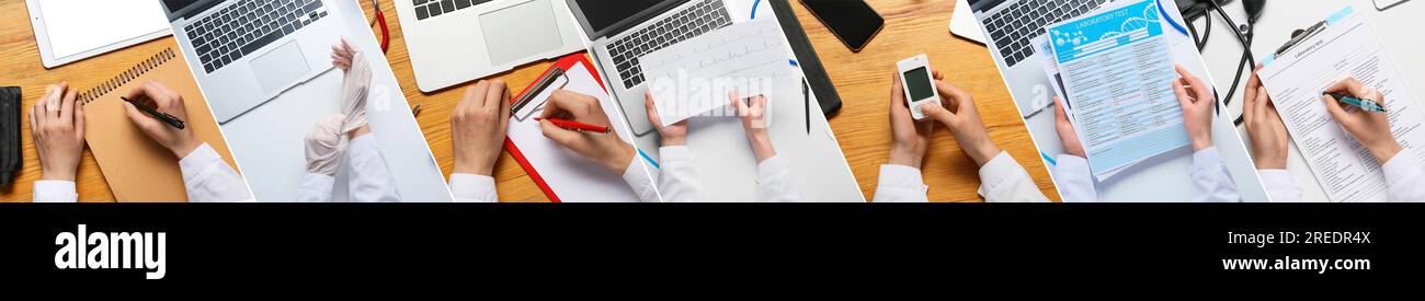 Collage of doctor's hands at workplace in clinic, top view Stock Photo ...