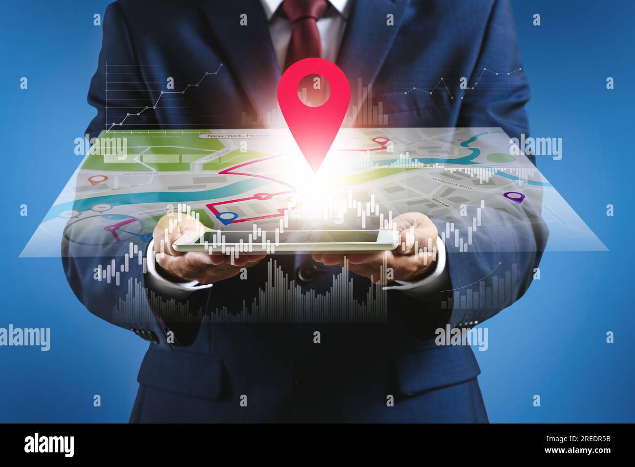 Businessman with tablet computer using virtual screen with digital city ...