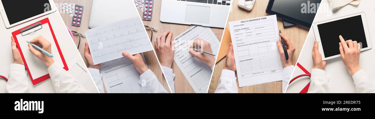 Collage of doctor's hands at workplace in clinic, top view Stock Photo ...